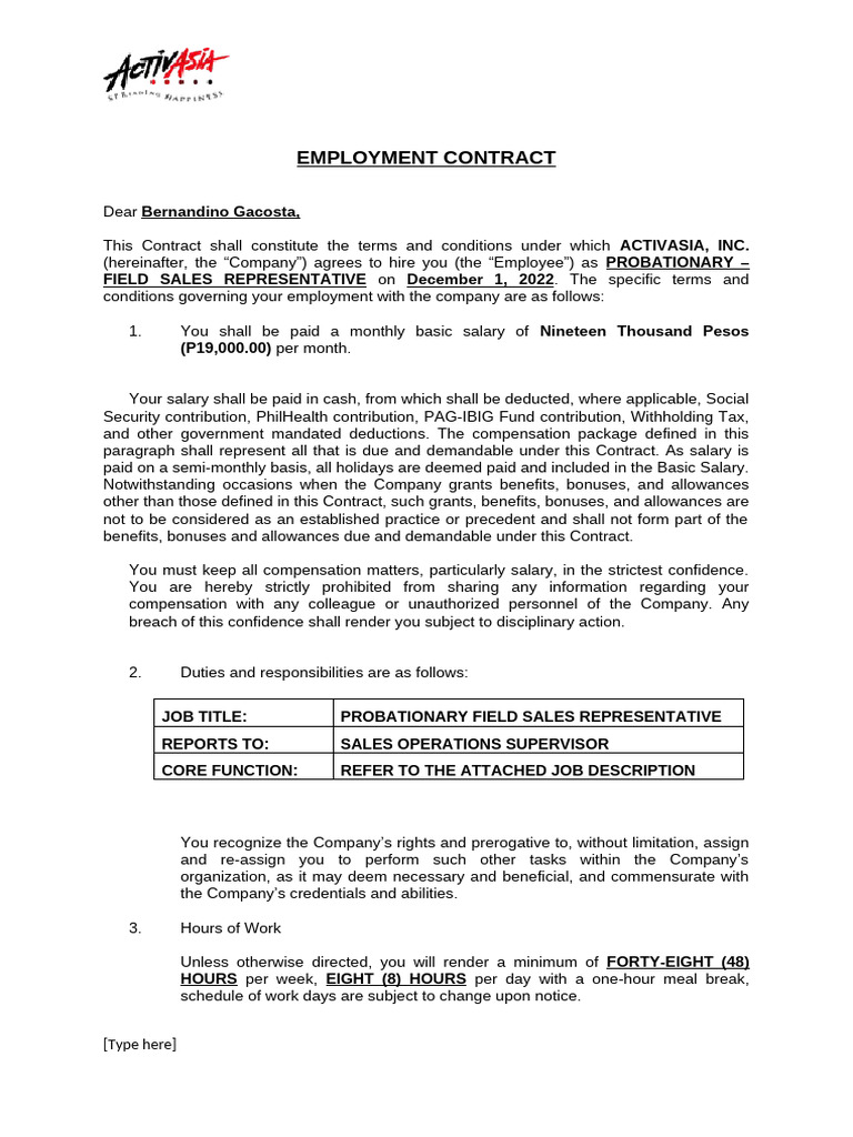 Employment Contract for Sales Representative | PDF | Employment | Salary