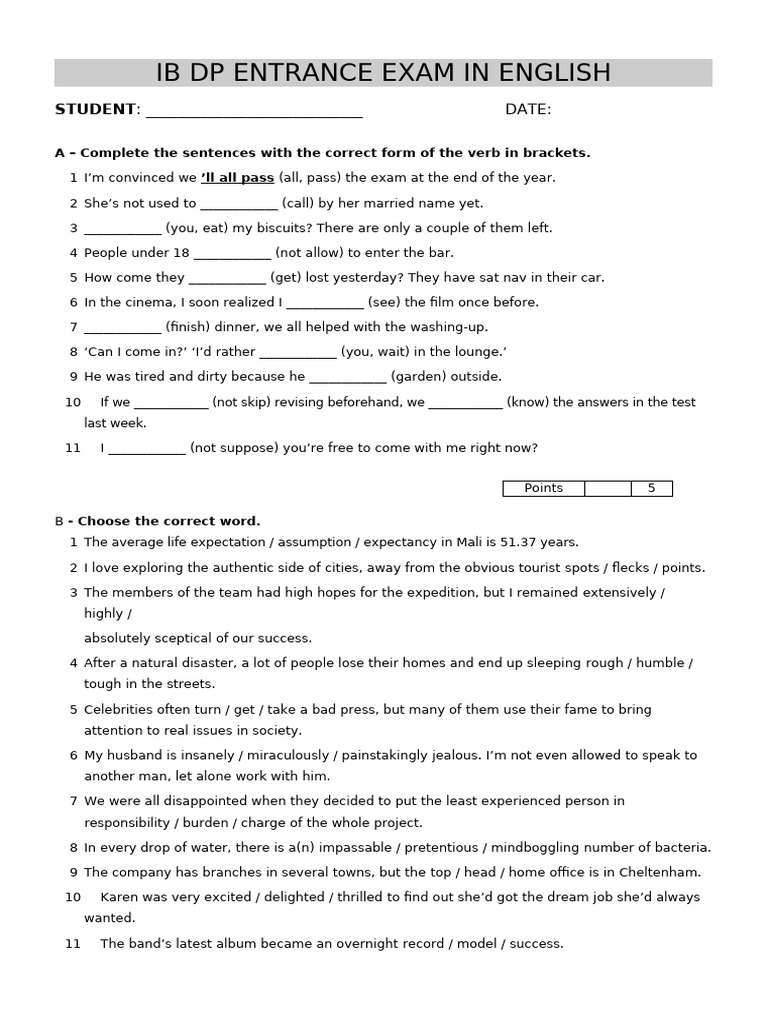 Ibdp English Entrance Exam 18-19 | PDF