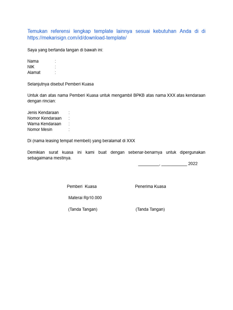 Contoh Surat Kuasa Pengambilan BPKB Di Leasing Mekari Sign | PDF