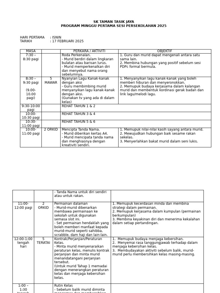 RPH Minggu Pertama Persekolahan 2025 | PDF