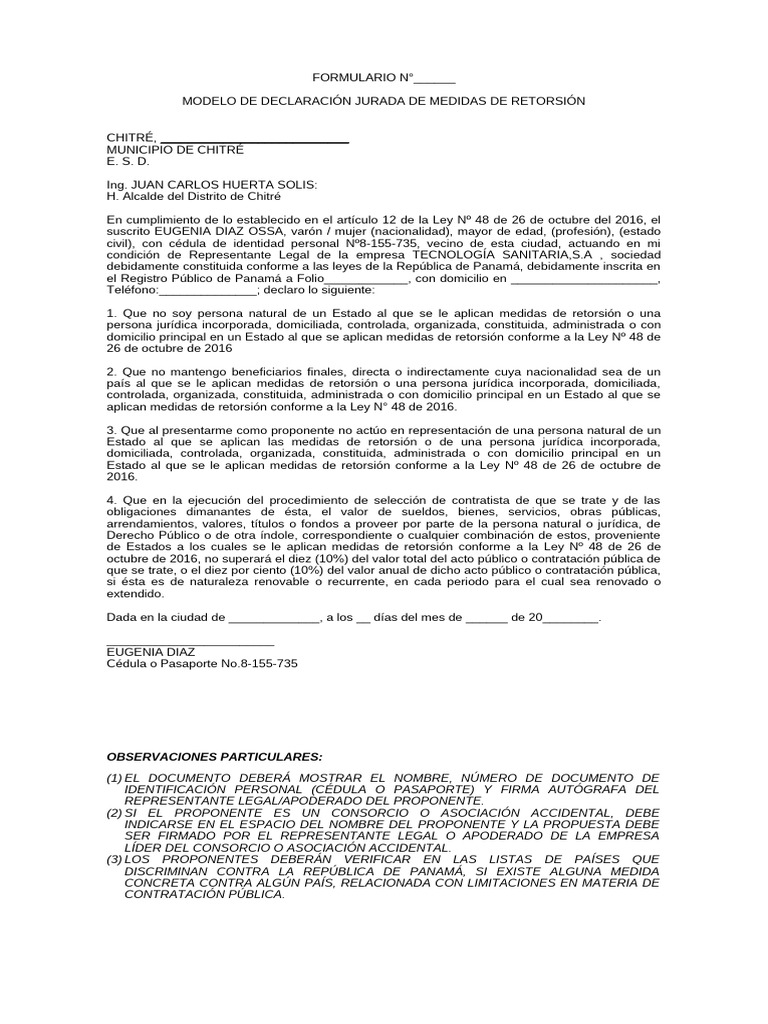 Declaración Jurada de Retorsión Panamá | PDF | Justicia | Crimen y ...