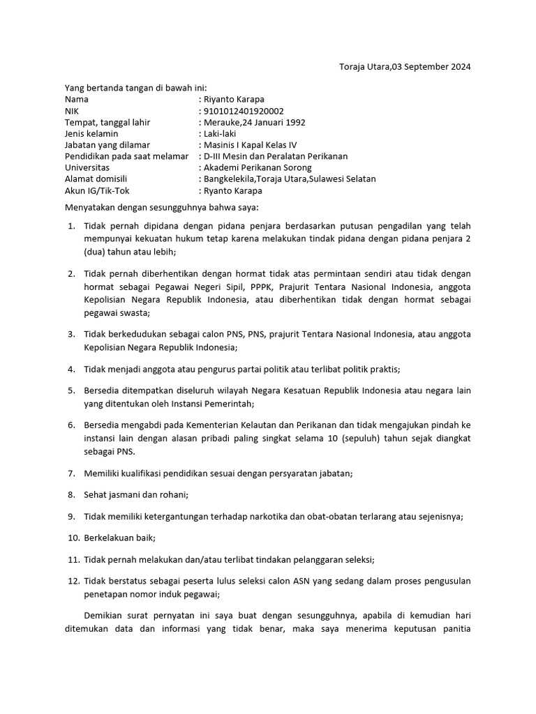 Surat Pernyataan Riyanto Karapa | PDF