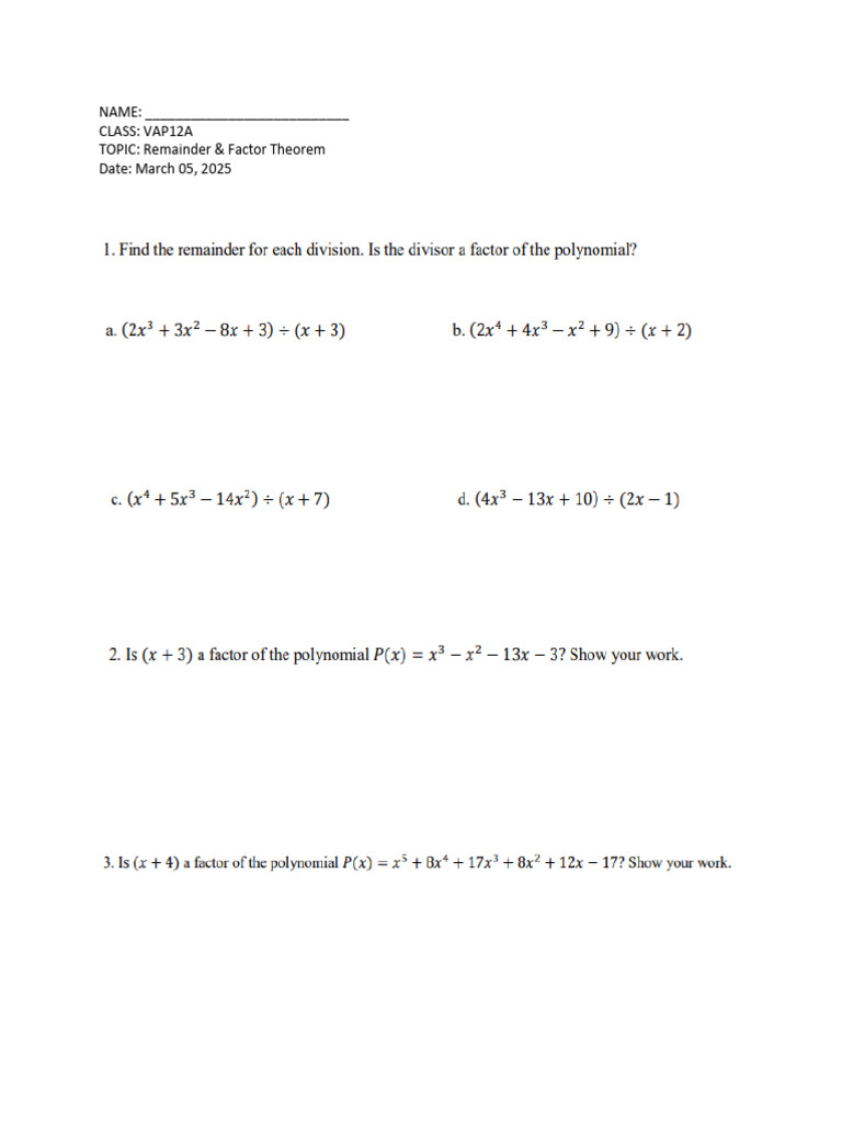 Homework-Remainder & Factor Theorem | PDF