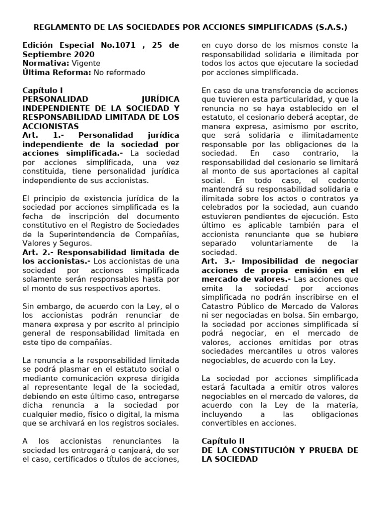 Zonalegal_reglamento de Las Sociedades Por Acciones Simplificadas | PDF | Sociedad de ...