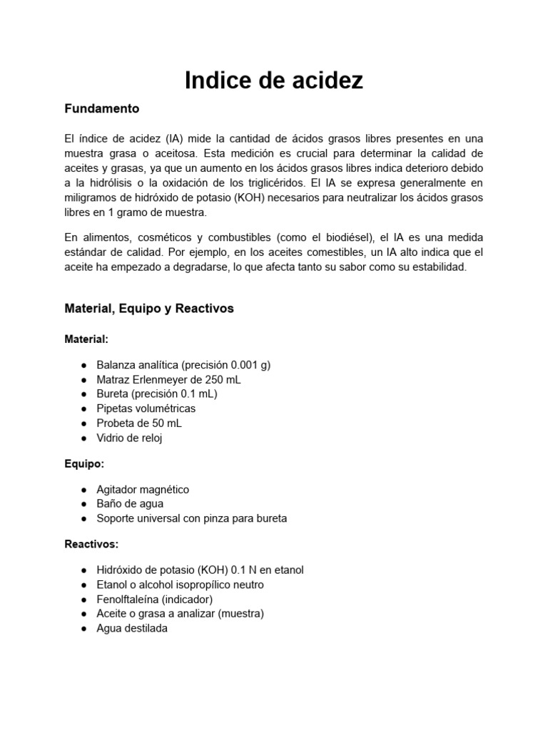 Cálculo del Índice de Acidez en Aceites | PDF | Sustancias químicas ...