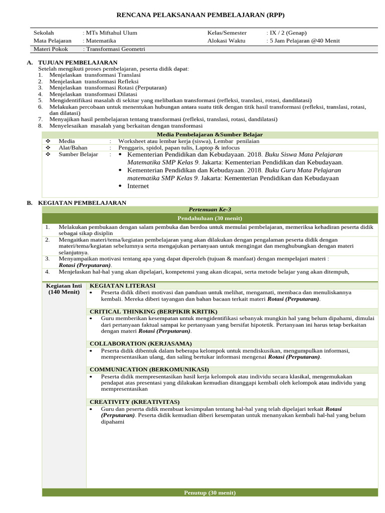 4.3 RPP II MTK Kelas Ix Transformasi | PDF