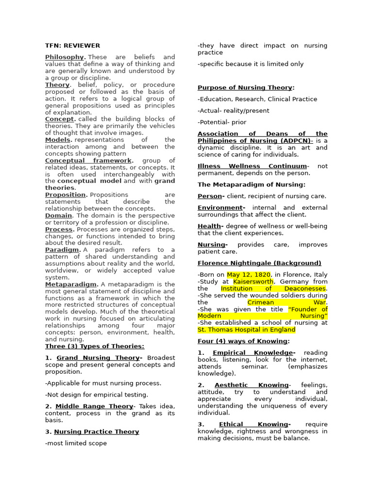 TFN REVIEWER | PDF | Theory | Nursing