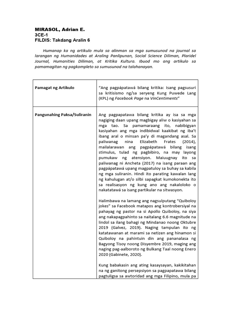 MIRASOL Adrian FILDIS TakdangAralin#6 | PDF