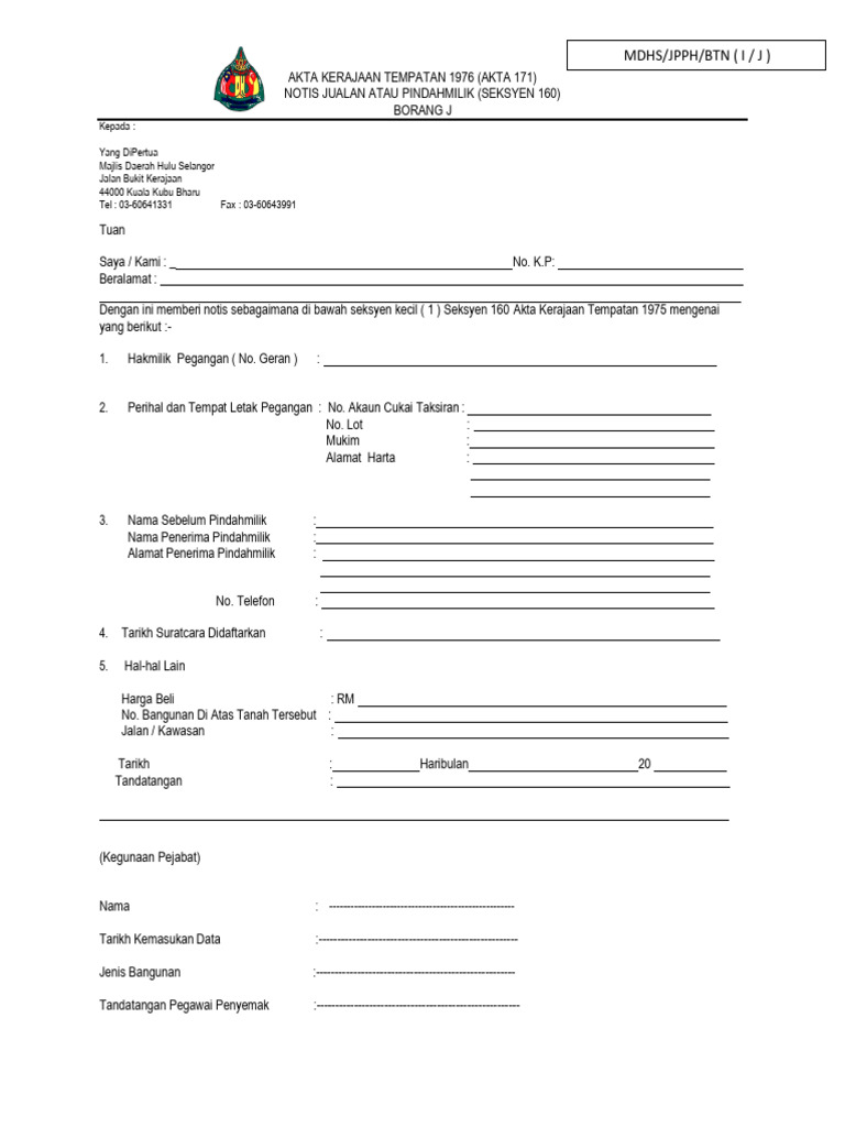 Cukai Taksiran Hulu Selangor Borang J | PDF