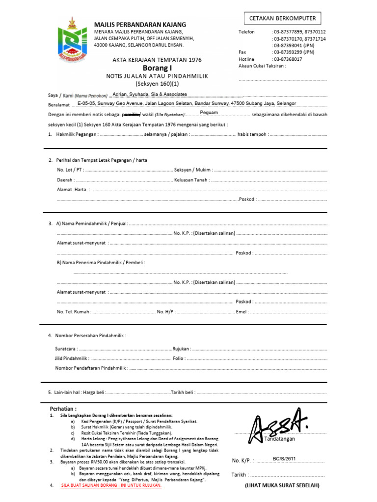 Cukai Taksiran Kajang (Borang I & J) | PDF