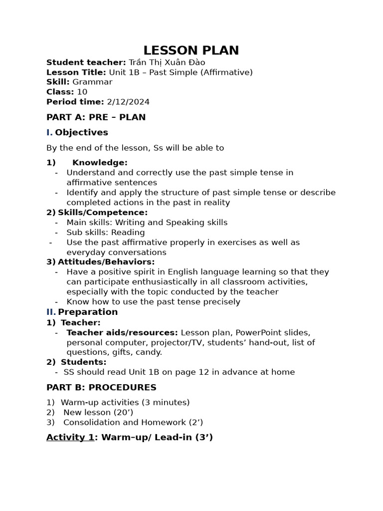 Past Simple Grammar Lesson Plan | PDF | Grammatical Tense | Lesson Plan