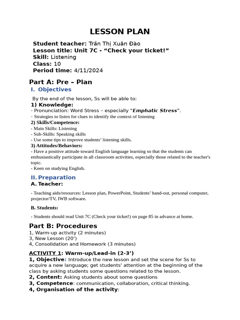 Lesson Plan - Unit 7C | PDF | Lesson Plan | Teachers Lesson Plan - Unit 7C | PDF | Lesson Plan | Teachers