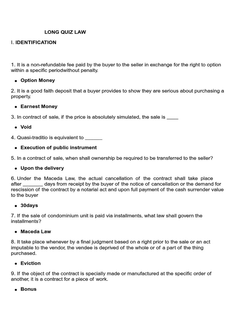 Long Quiz Answer Key for Law Concepts | PDF | Private Law | Common Law