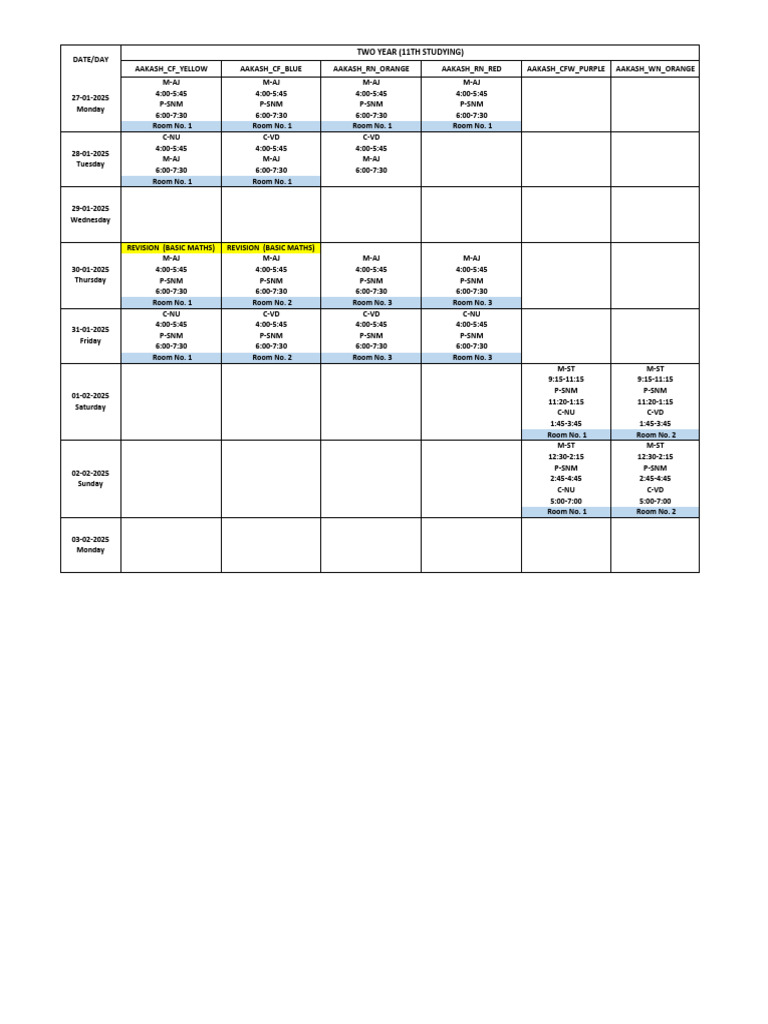Timetable (27-01-25 To 03-02-25) | PDF