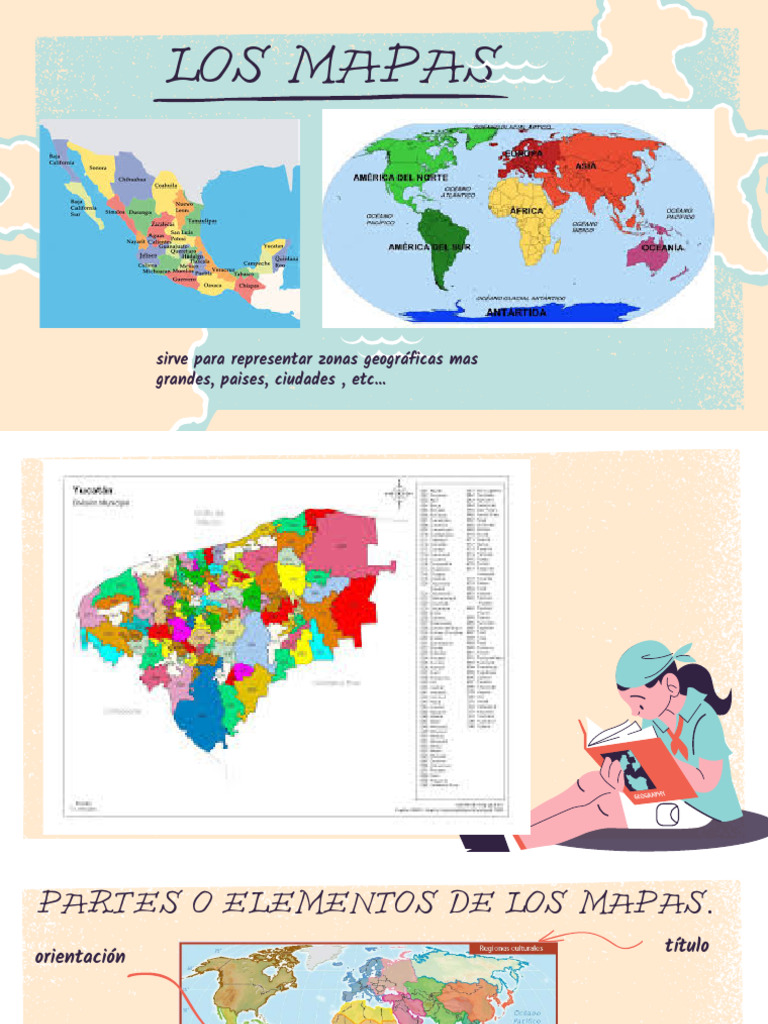 Presentación para lengua sobre mapas en verde claro con naranja claro estilo dibujado | PDF