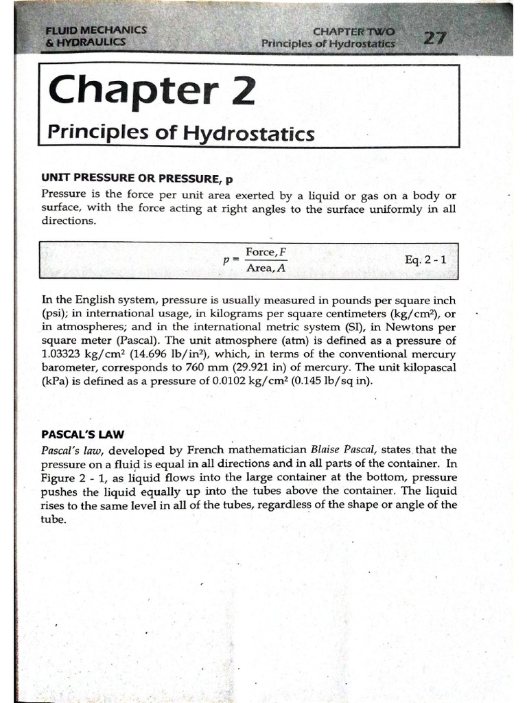 Principles of Hydrostatics Pressure 1 | PDF