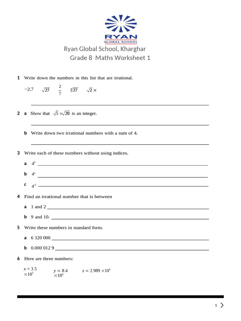 Ryan Global School, Kharghar Grade 8 Maths Worksheet 1 | PDF