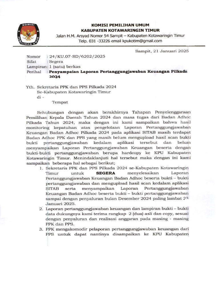 Surat Penyampaian LPJ Pilkada Tahun 2024 | PDF