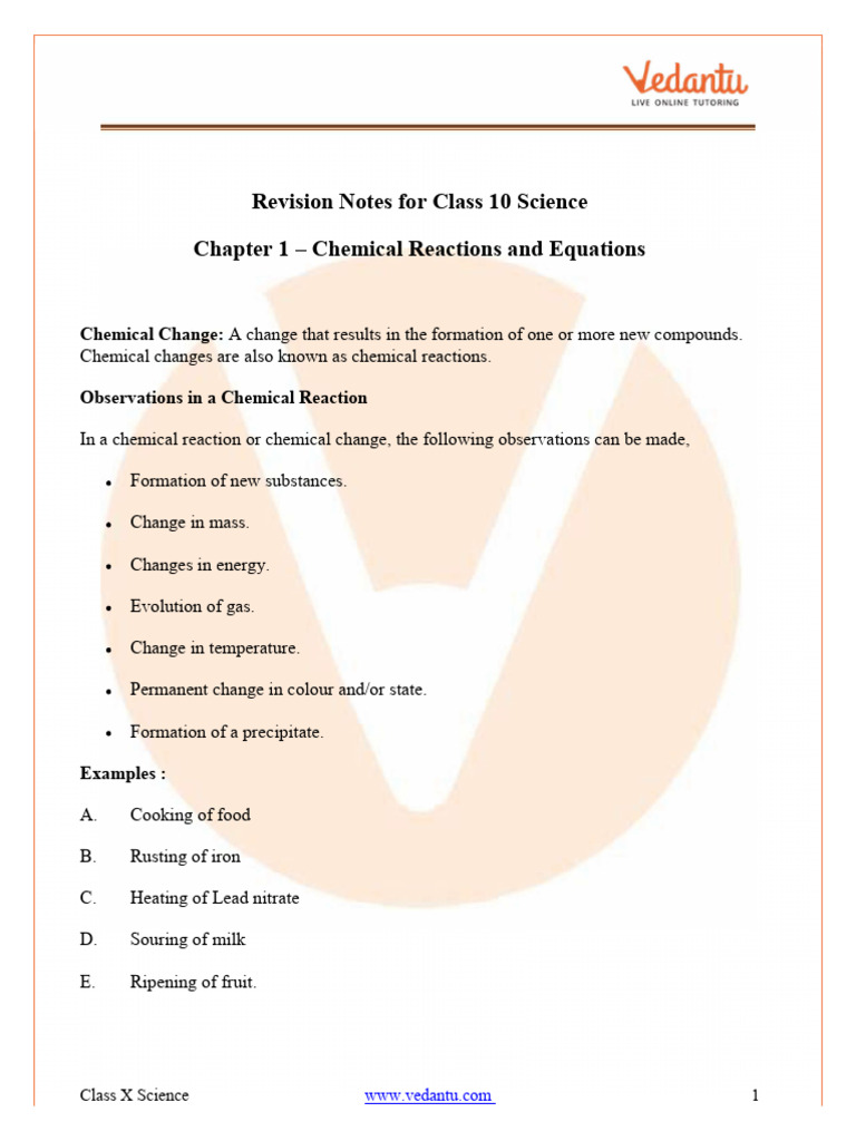 Class 10 Science Chapter 1 Notes (Vedantu) | PDF | Redox | Chemical ...