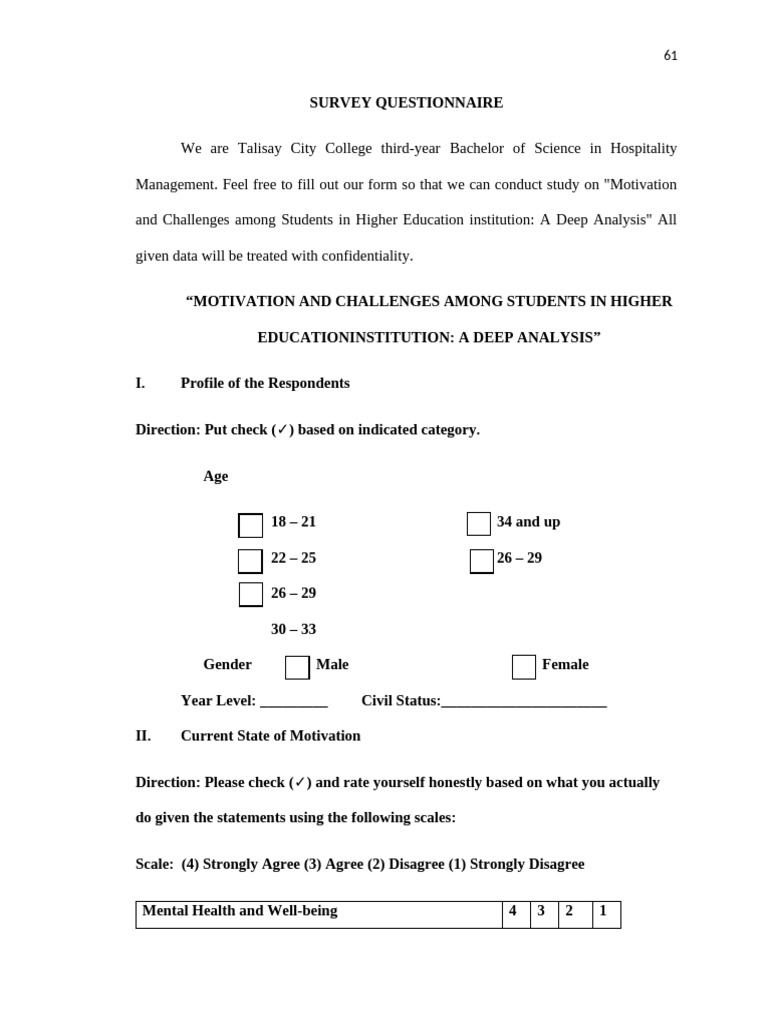 SURVEY QUESTIONNAIRE Group 4 | PDF | Motivation | Motivational