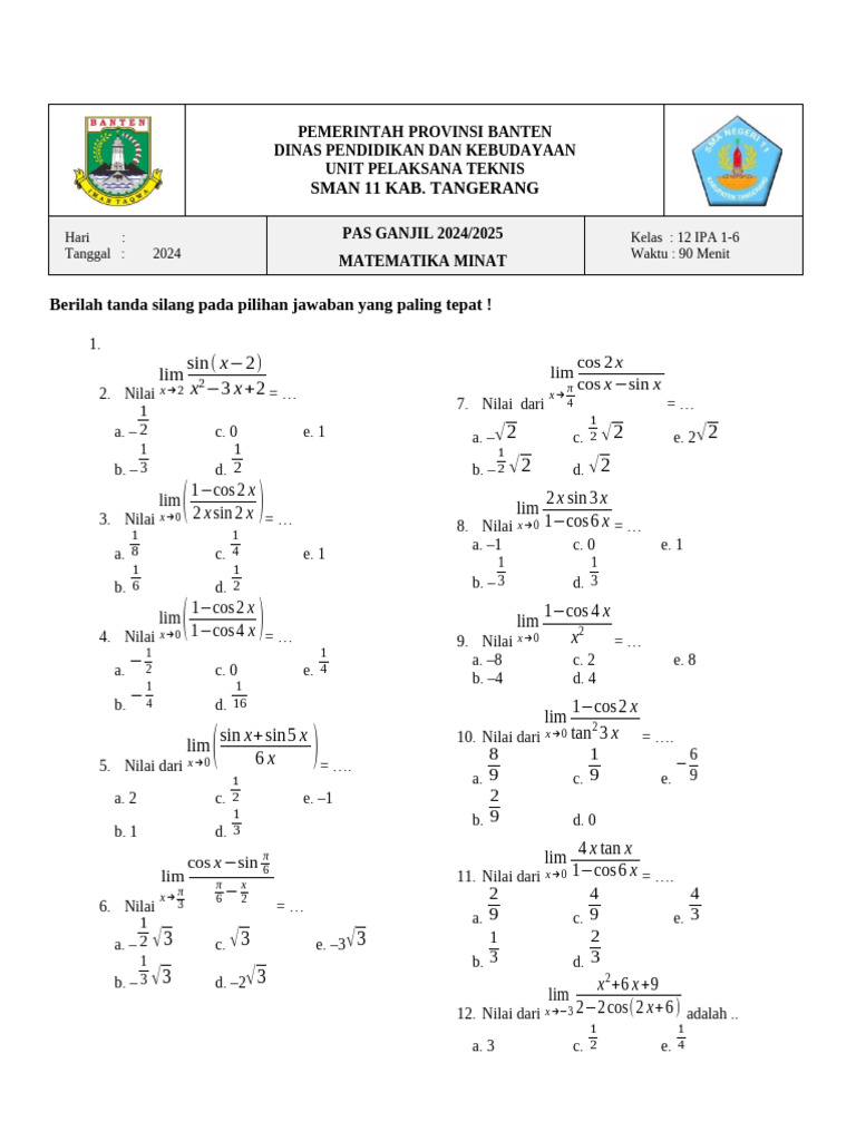 Soal PAS Matematika MINAT | PDF