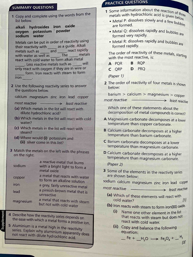 Reactivity Series Practice Questions | PDF | Magnesium | Chemical Reactions