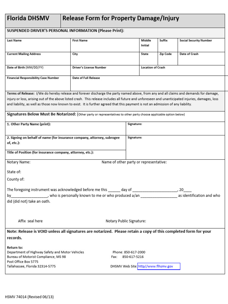 Florida DHSMV Release Form For Property Damage/Injury: Suspended Driver'S Personal Information ...
