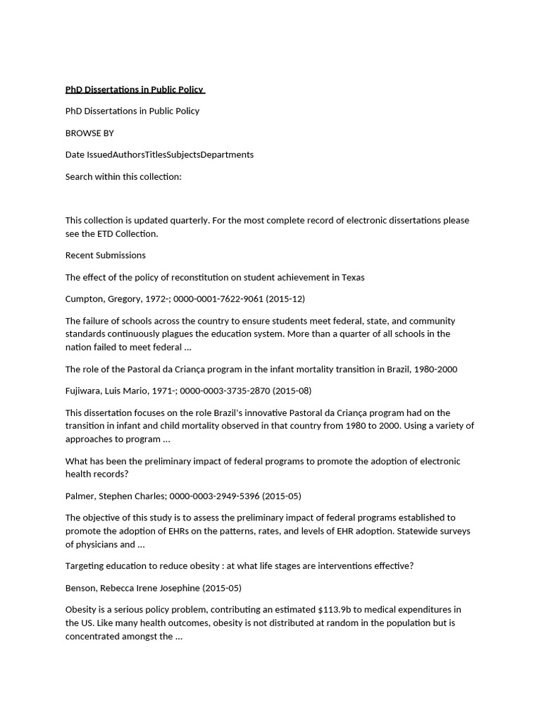 Public Policy PhD Dissertations Collection | PDF | Electronic Health ...