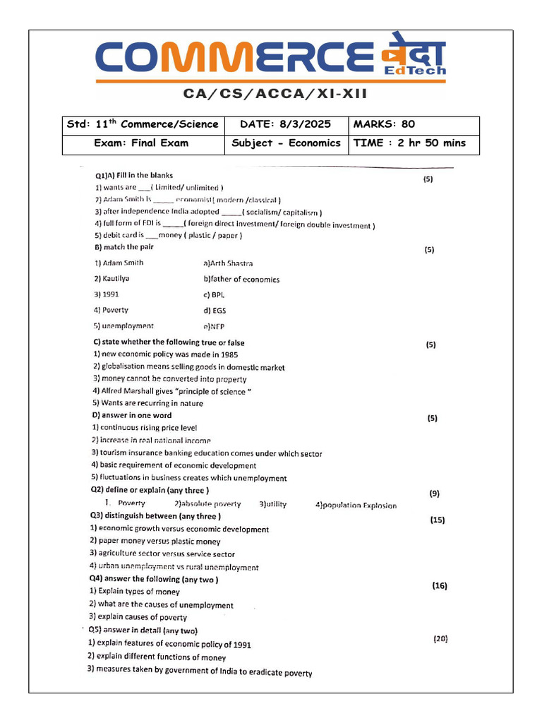 11th Commerce Economics Final Exam QP NP - St. Andrews | PDF
