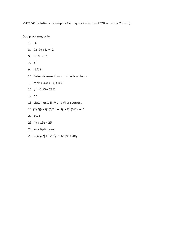 MAT1841 Solutions To Sample EExam Questions | PDF