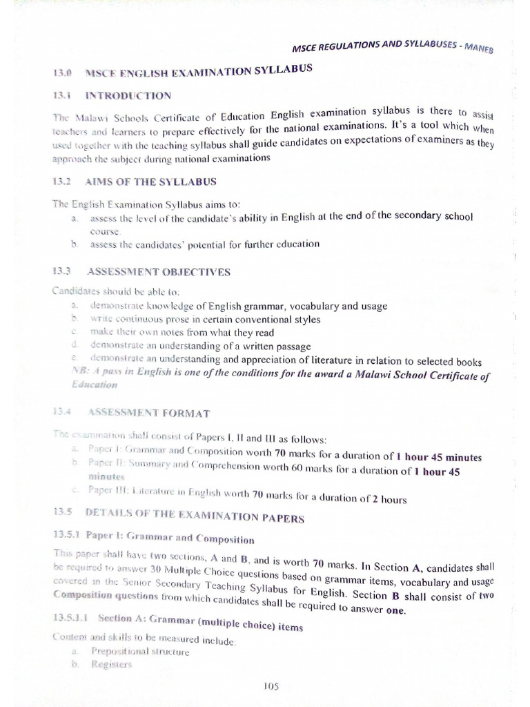 MSCE English Examination Syllabus | PDF