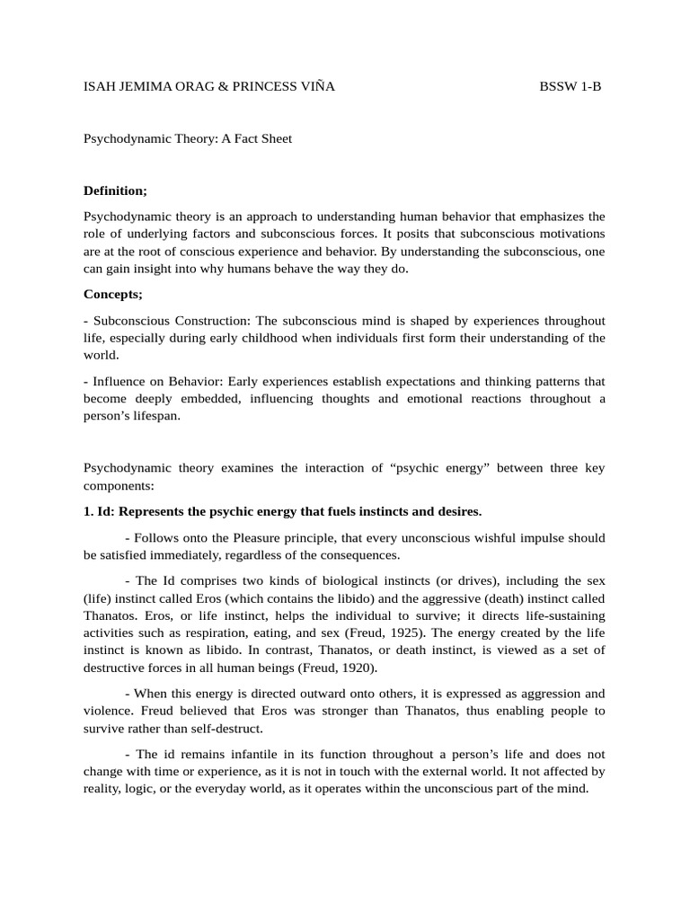 Psychodynamic Theory Overview and Concepts | PDF | Psychodynamics ...