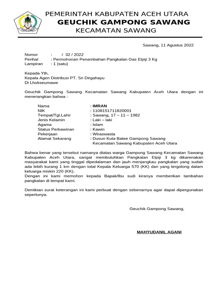 Permohonan Pangkalan LPG 3 Kg Aceh Utara | PDF