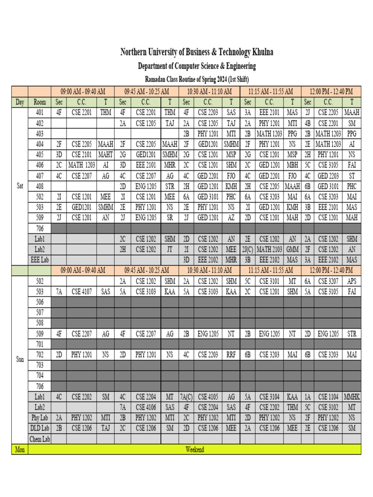 CSE Ramadan Class Routine 1st Shift Spring 2024 | PDF