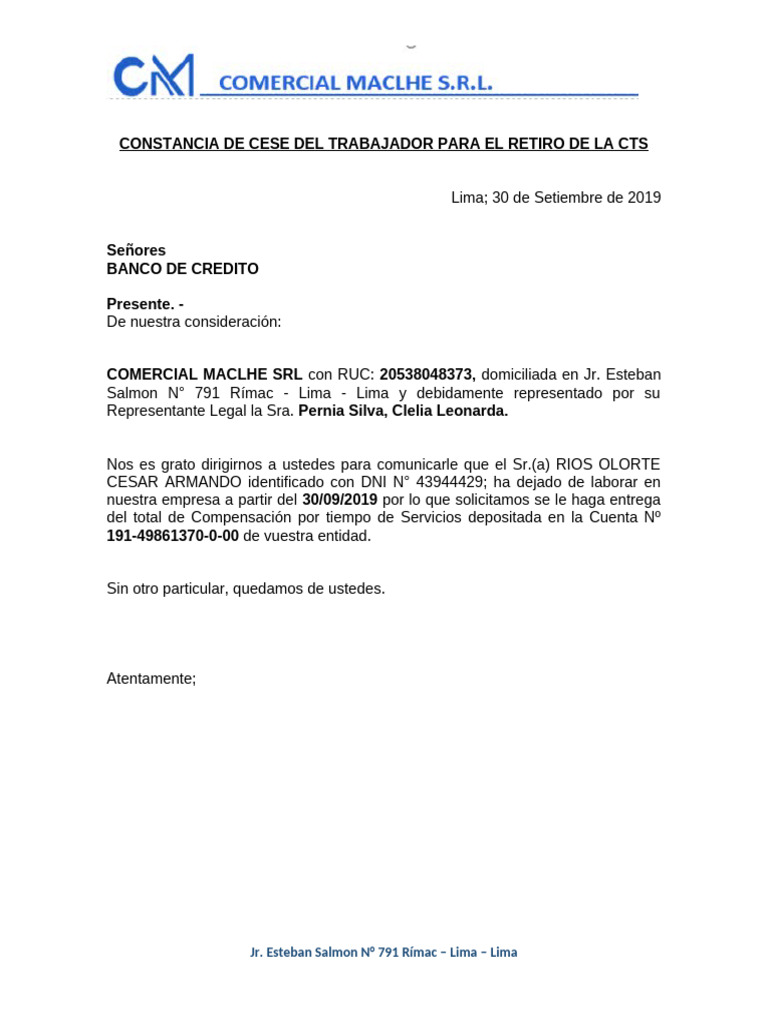 Constancia de Cese Laboral para CTS | PDF