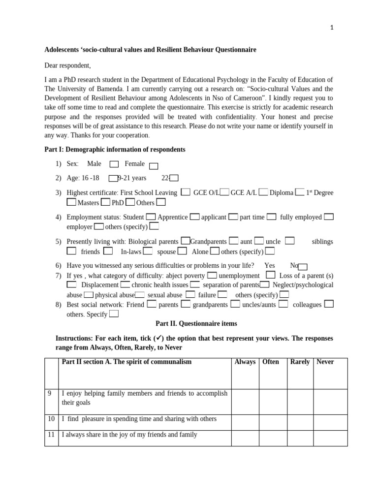 ADOLESCENT QUESTIONNAIRE On The Development of Resilient Behaviour ...