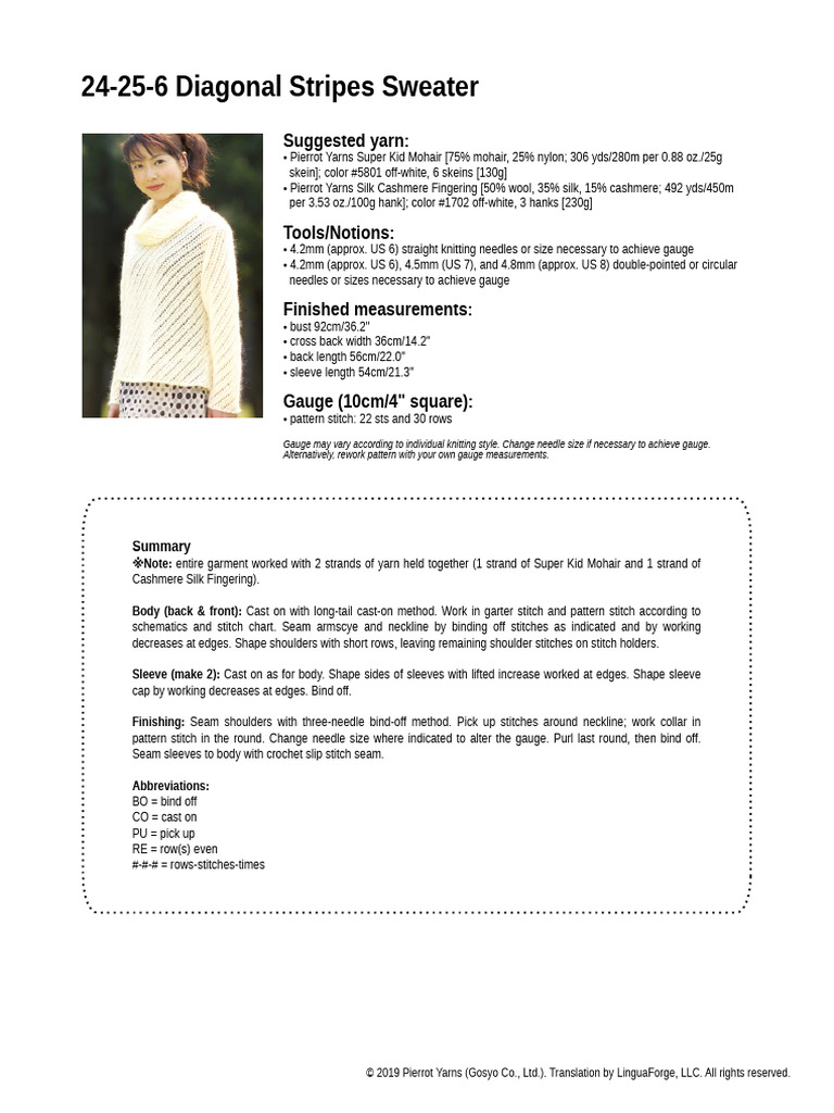 Diagonal Stripes Sweater Pattern | PDF | Knitting | Gauge (Knitting)