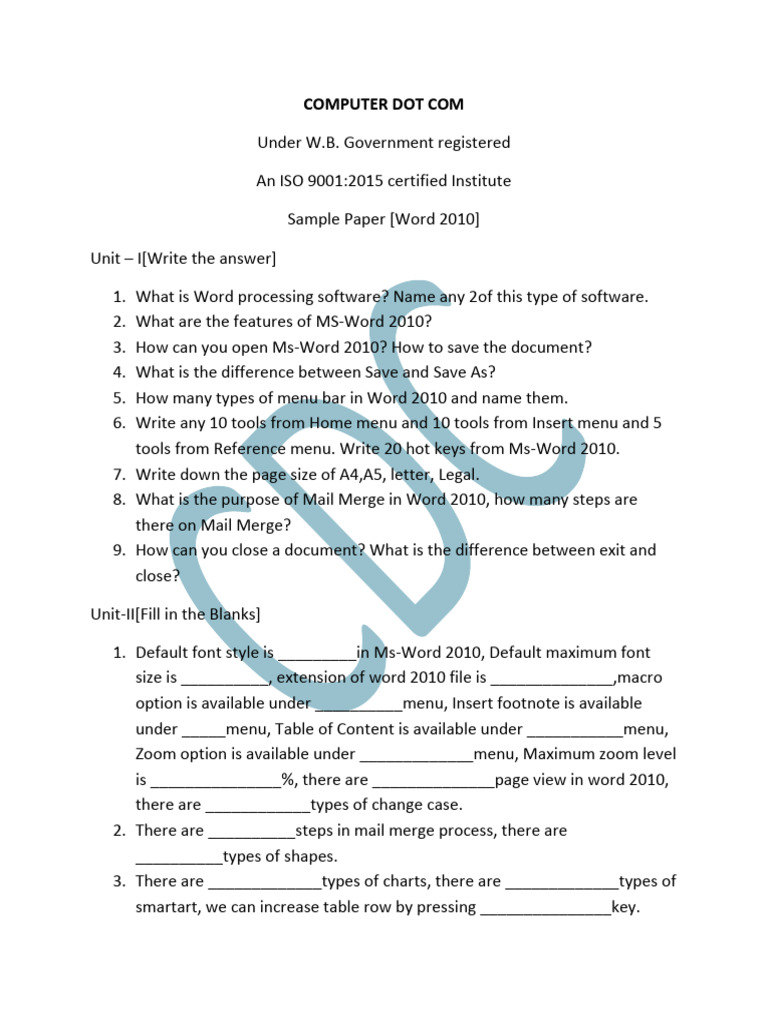 Sample Paper Ms Word 2010 | PDF | Microsoft Word | Computing