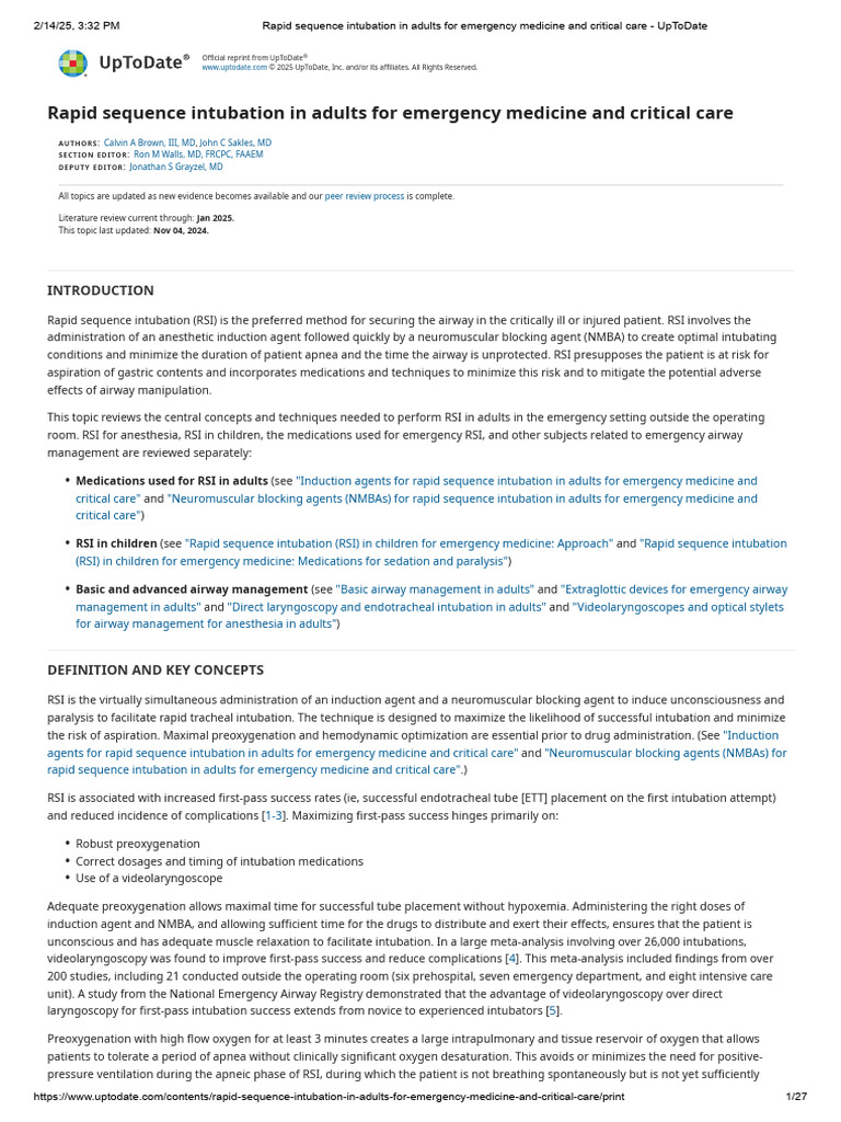 Rapid Sequence Intubation in Adults For Emergency Medicine and Critical Care - UpToDate | PDF ...