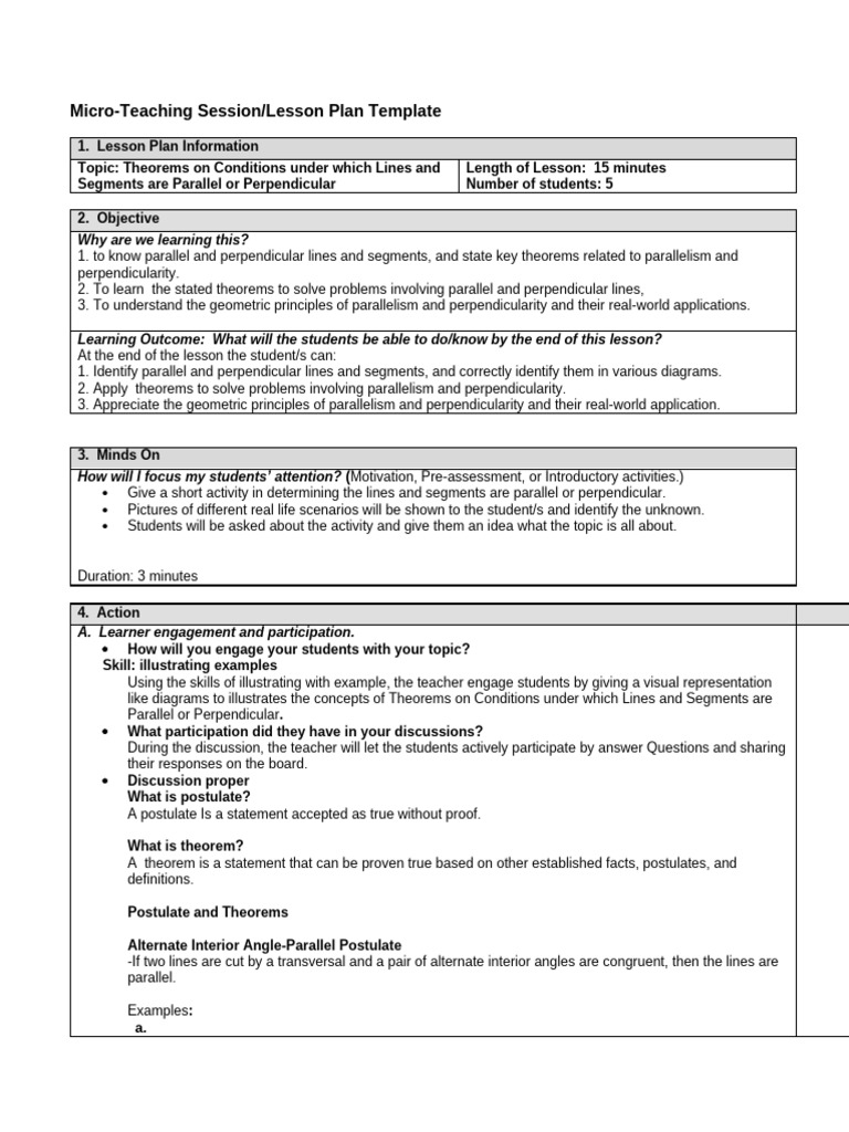 Lesson Plan on Parallel and Perpendicular Lines | PDF | Euclid | Elementary Geometry