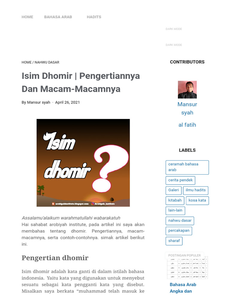 Isim Dhomir - Pengertiannya Dan Macam-Macamnya - Arobiyah Institute | PDF