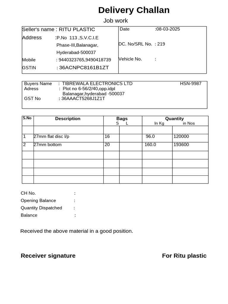 Delivery Challan for Ritu Plastic | PDF
