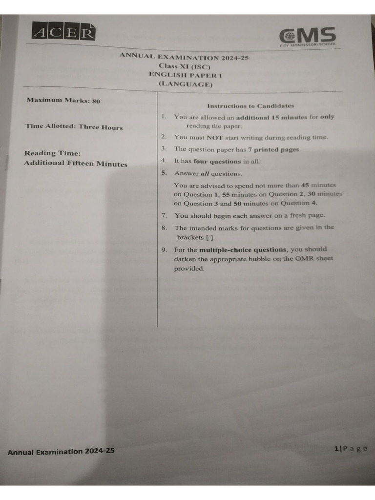 City Montessori School - Class 11th ISC - Annual Examination (English ...