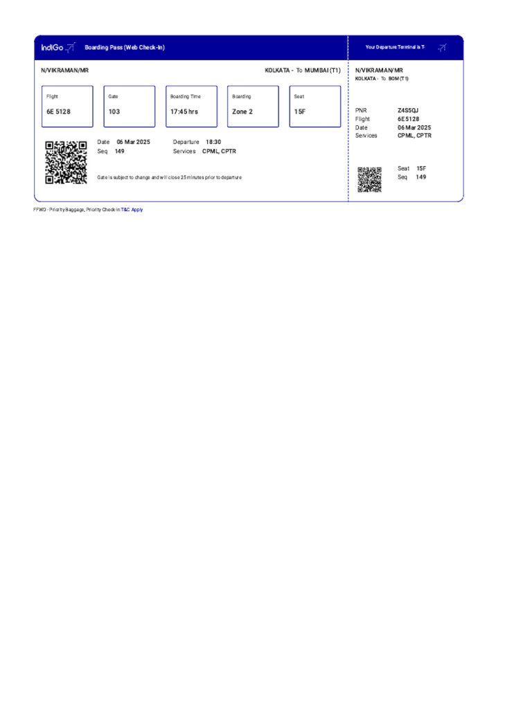Flight 6E 5128 Details for Mr. Vikraman | PDF