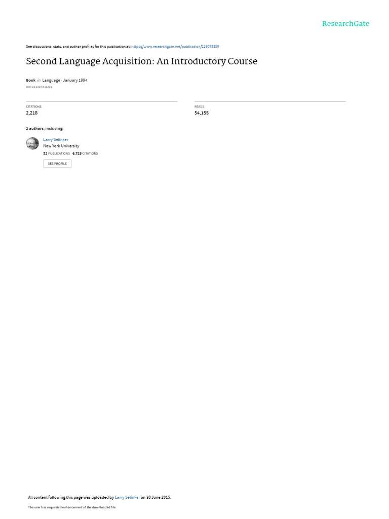 Second Language Acquisition An Introductory Course | PDF