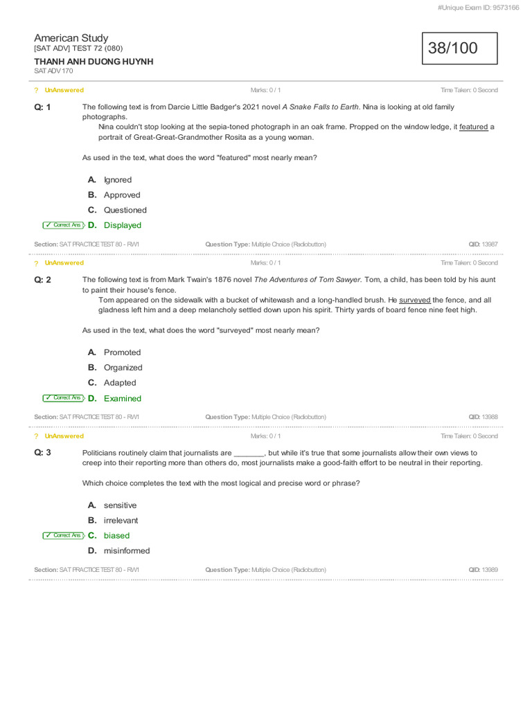 THANH ANH DUONG HUYNH-SAT ADV TEST - ExamPrintReport | PDF | Traffic ...