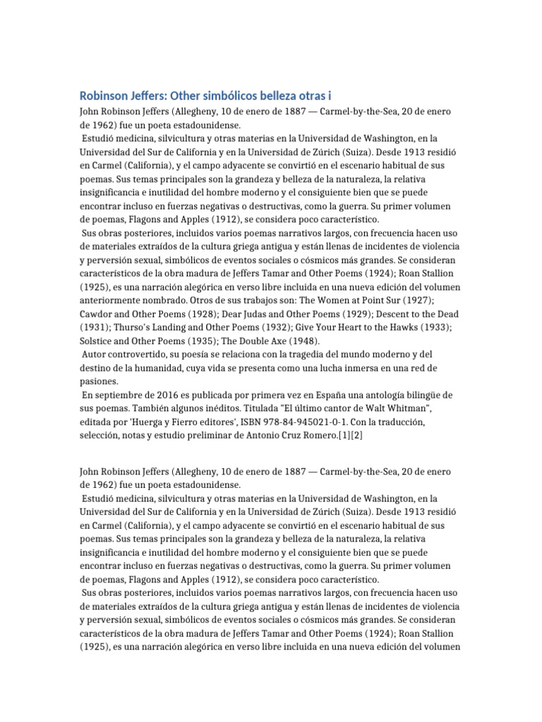 Robinson Jeffers Other Simbólicos Belleza Otr | PDF | Poesía