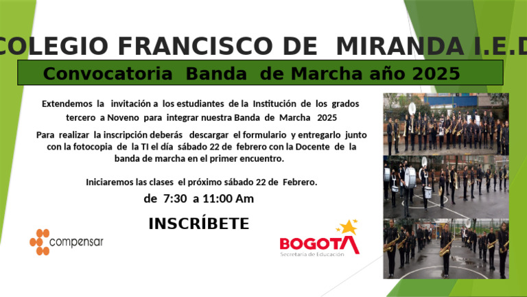 Convocatoria Banda de Marcha 2025 Col. Francisco de Miranda Ied | PDF