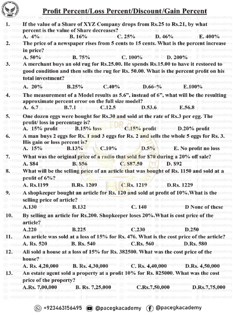Profit Percent Exercise | PDF