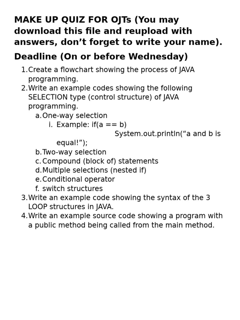 Java Programming Quiz for OJTs | PDF